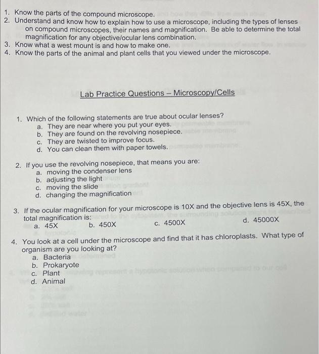 Solved 1. Know the parts of the compound microscope. 2. | Chegg.com