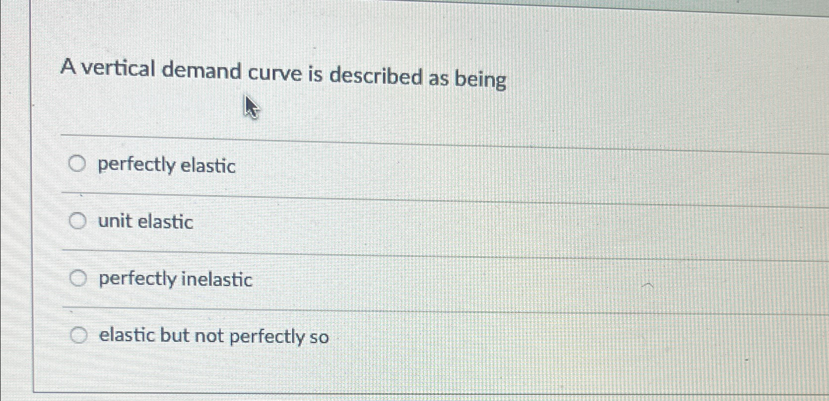 Solved A vertical demand curve is described as | Chegg.com