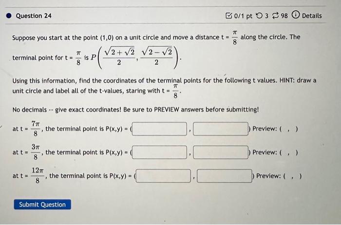 Solved Suppose you start at the point (1,0) on a unit circle | Chegg.com