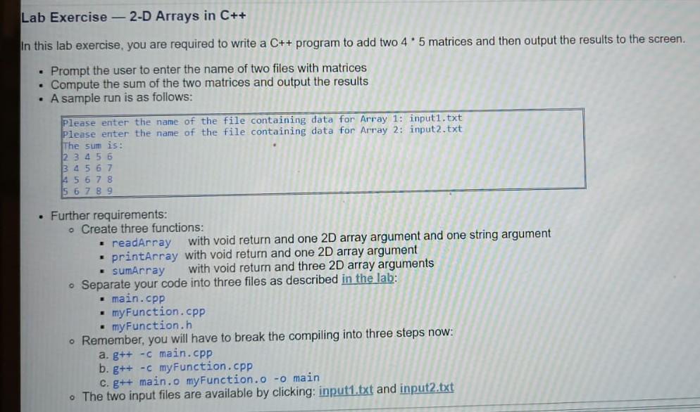 Solved Lab Exercise - 2-D Arrays in C++ In this lab | Chegg.com Solved Lab Exercise - 2-D Arrays in C++ In this lab | Chegg.com