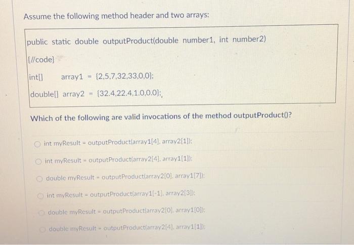 Solved Assume the following method header and two arrays: | Chegg.com