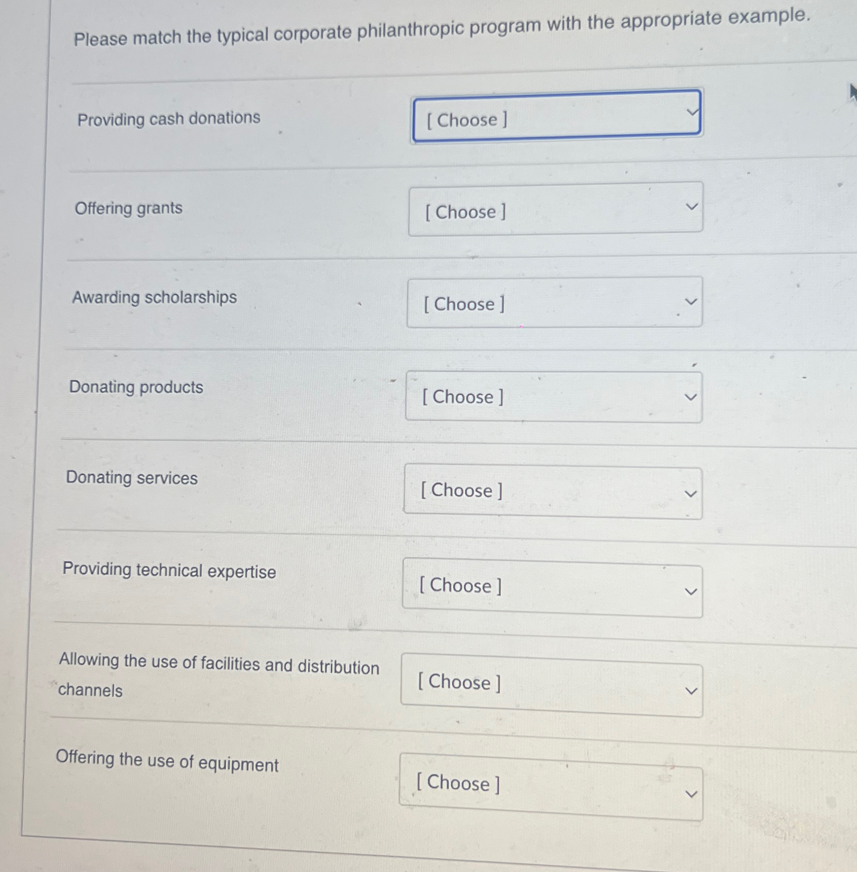 Solved Please match the typical corporate philanthropic | Chegg.com