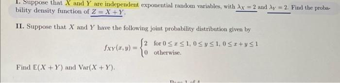 Solved 1. Suppose that X and Y are independent exponential | Chegg.com