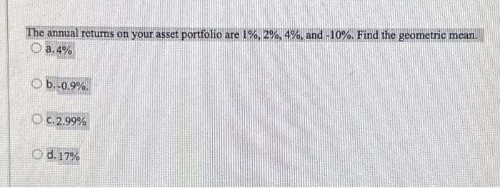 Solved The annual returns on your asset portfolio are 1%, | Chegg.com