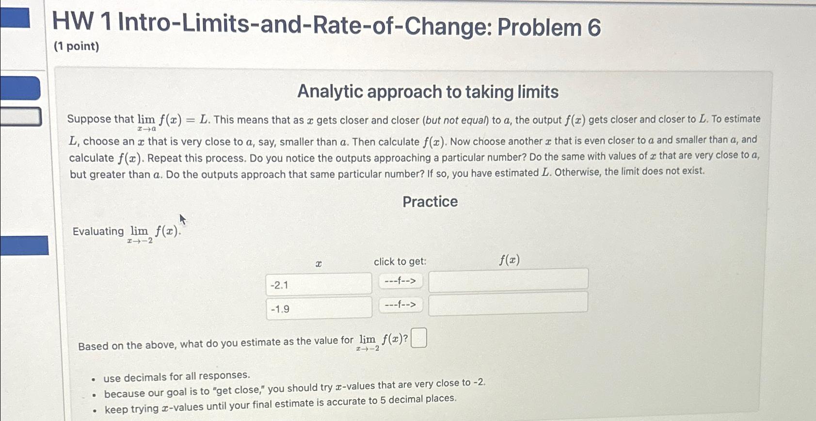 Solved HW 1 ﻿Intro-Limits-and-Rate-of-Change: Problem 6(1 | Chegg.com