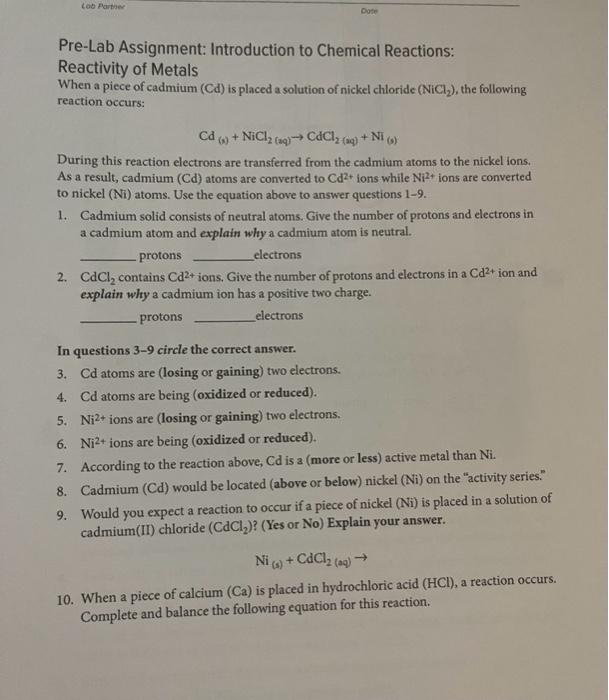 Solved Pre-Lab Assignment: Introduction to Chemical | Chegg.com