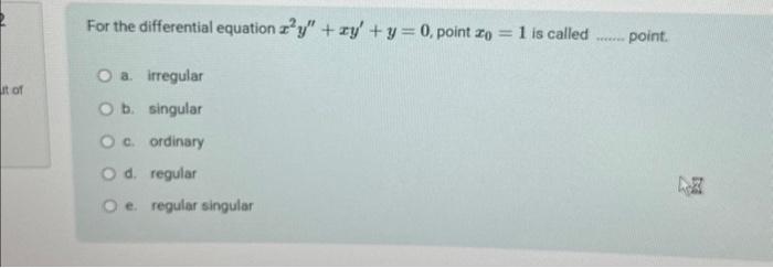Solved For the differential equation x2y′′+xy′+y=0, point | Chegg.com