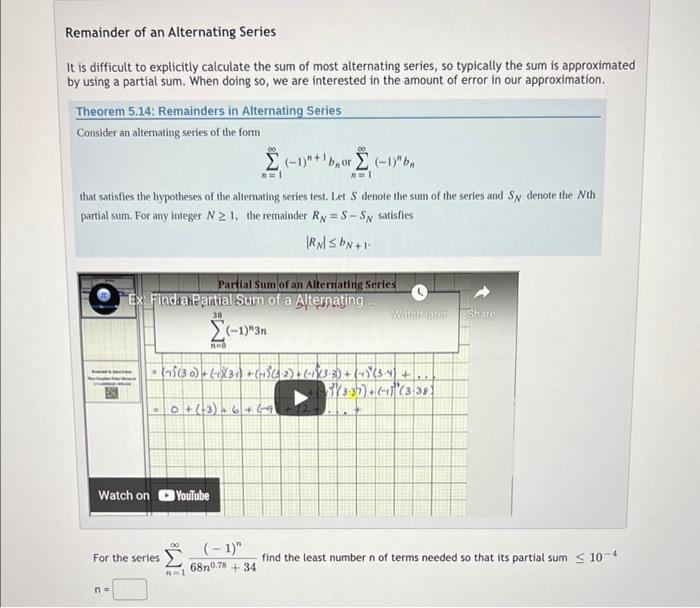 Solved Remainder of an Alternating Series It is difficult to | Chegg.com