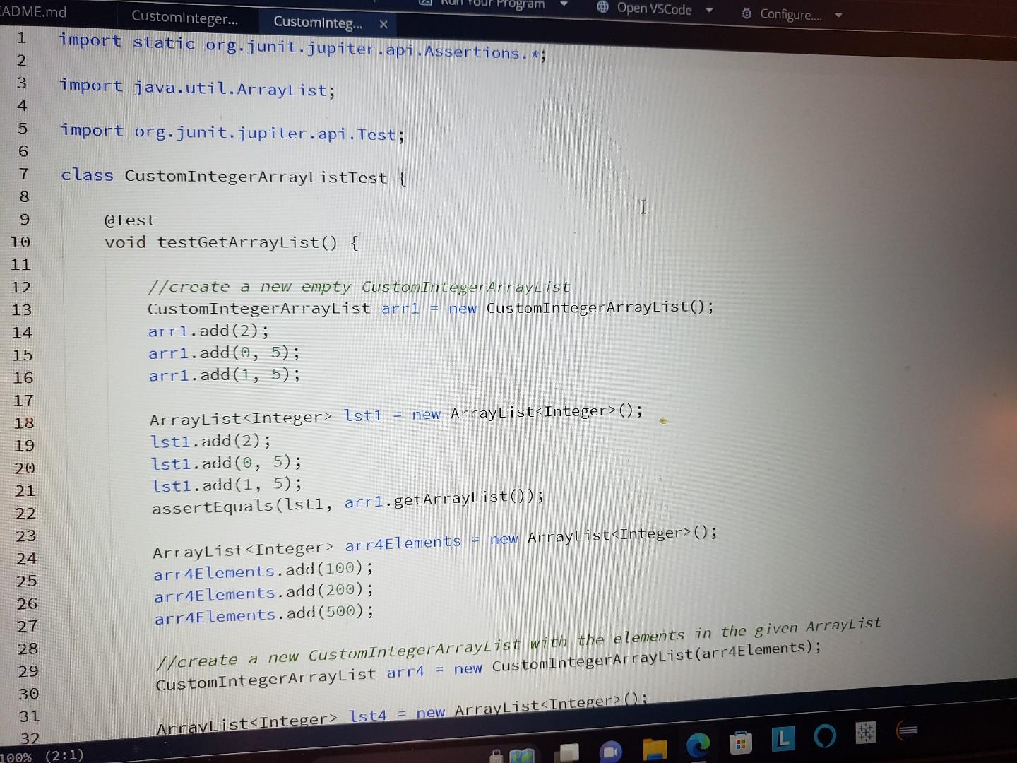 Solved assertEquals((int) Lst1.get(1), (int) arr1.get(1)); | Chegg.com