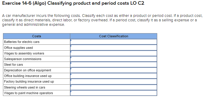 Solved Exercise 14-6 (Algo) ﻿Classifying product and period | Chegg.com