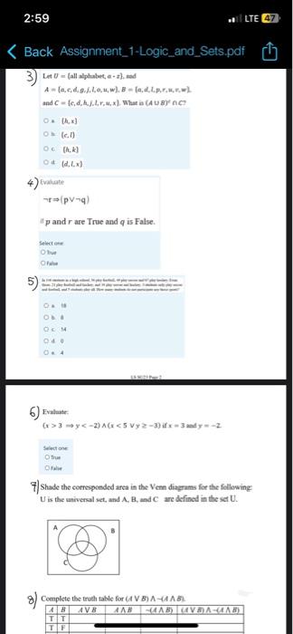 Solved 2:59 Back Assignment_1-Logic_and_Sets.pdf 3) Let U= | Chegg.com