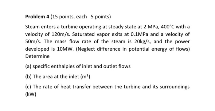 Solved Problem 4 (15 points, each 5 points) Steam enters a | Chegg.com