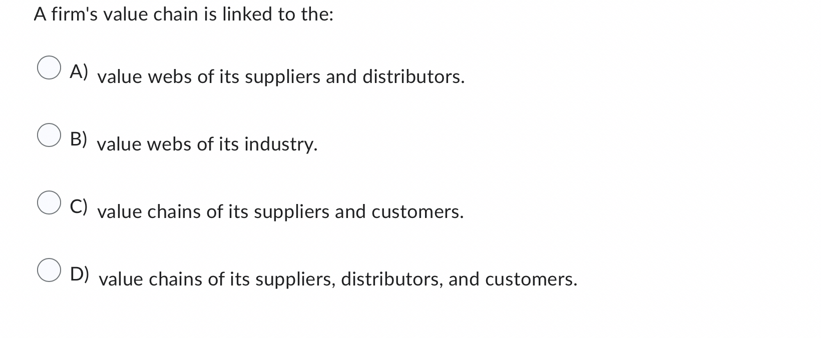 Solved A firm's value chain is linked to the:A) ﻿value webs | Chegg.com