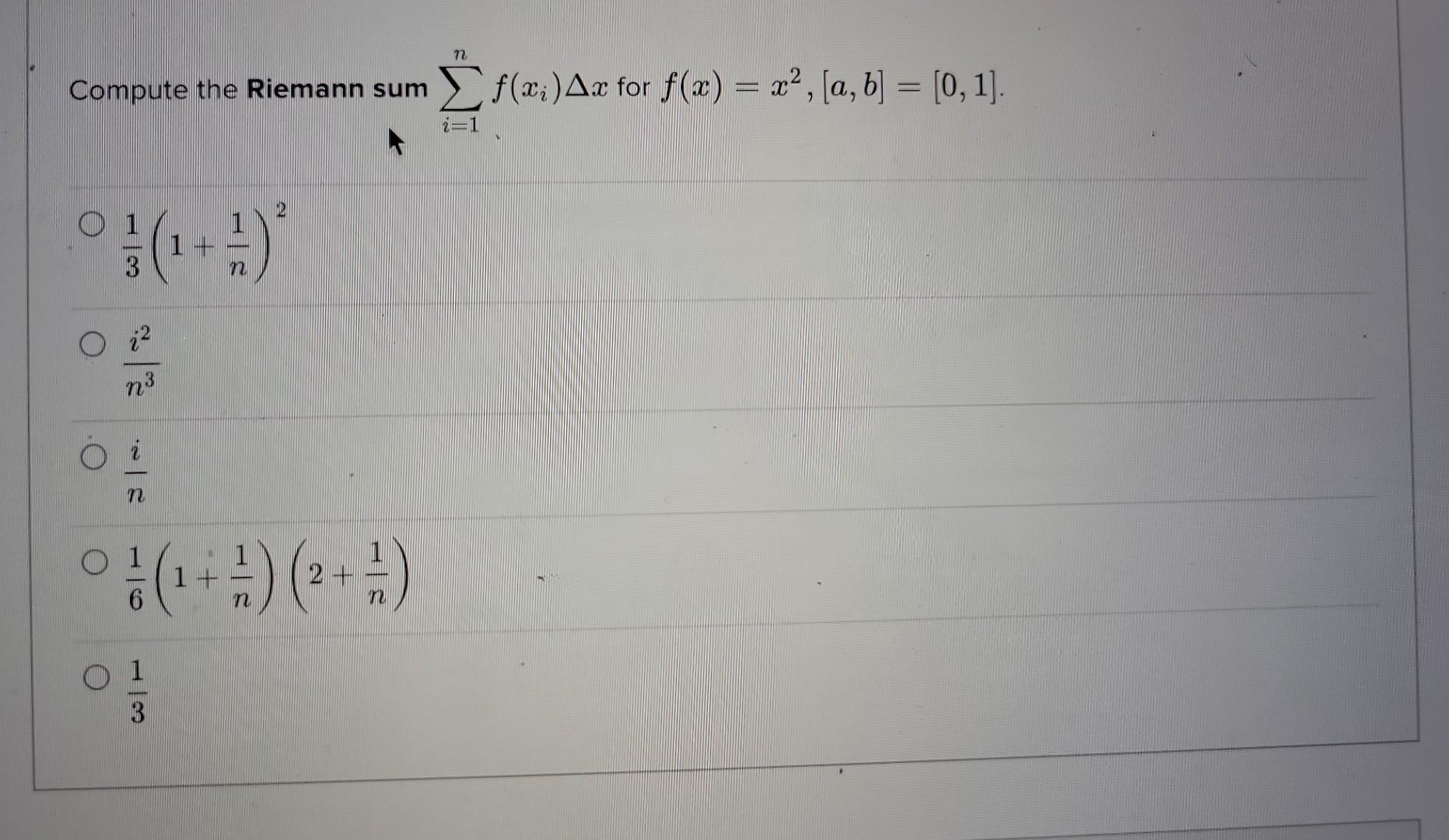 Solved Compute the Riemann sum ∑i=1nf(xi)Δx for | Chegg.com