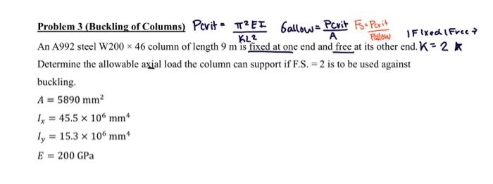 Solved Problem 3 (Buckling of Columns) P cvit =KL2π2EI | Chegg.com