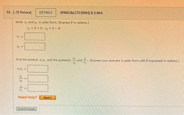 Solved Write z2 and z2 in polar form. (Express θ in | Chegg.com
