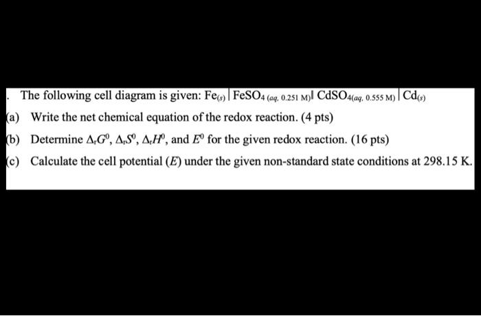 The following cell diagram is given: Fem FeSO4 (ag, | Chegg.com