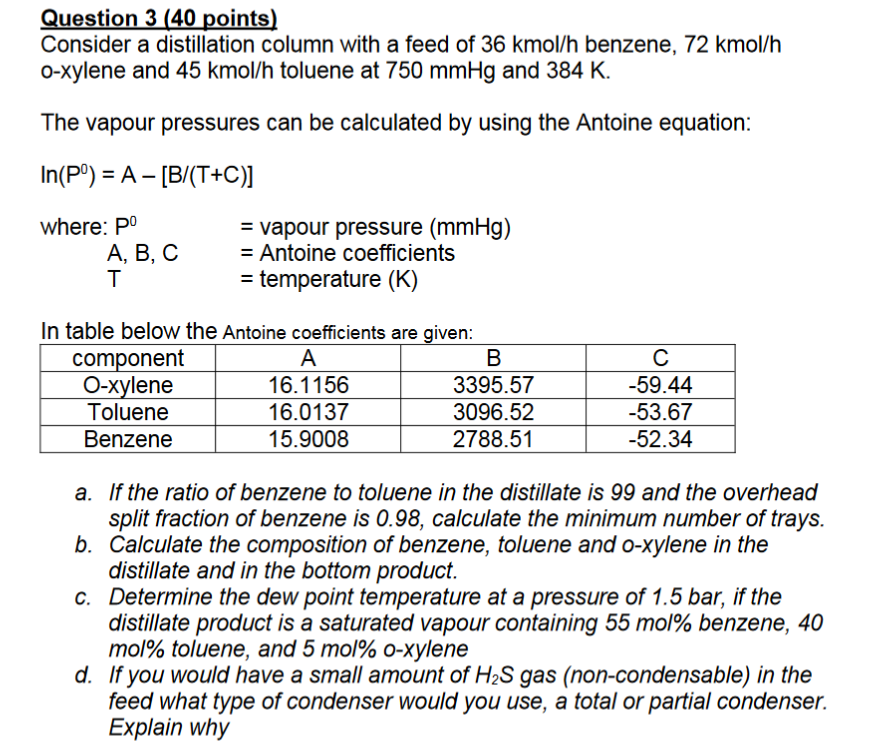 Solved Question 3 ( 40 ﻿points)Consider a distillation | Chegg.com
