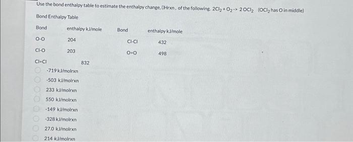 Solved Use the bond enthalpy table to estimate the enthalpy | Chegg.com