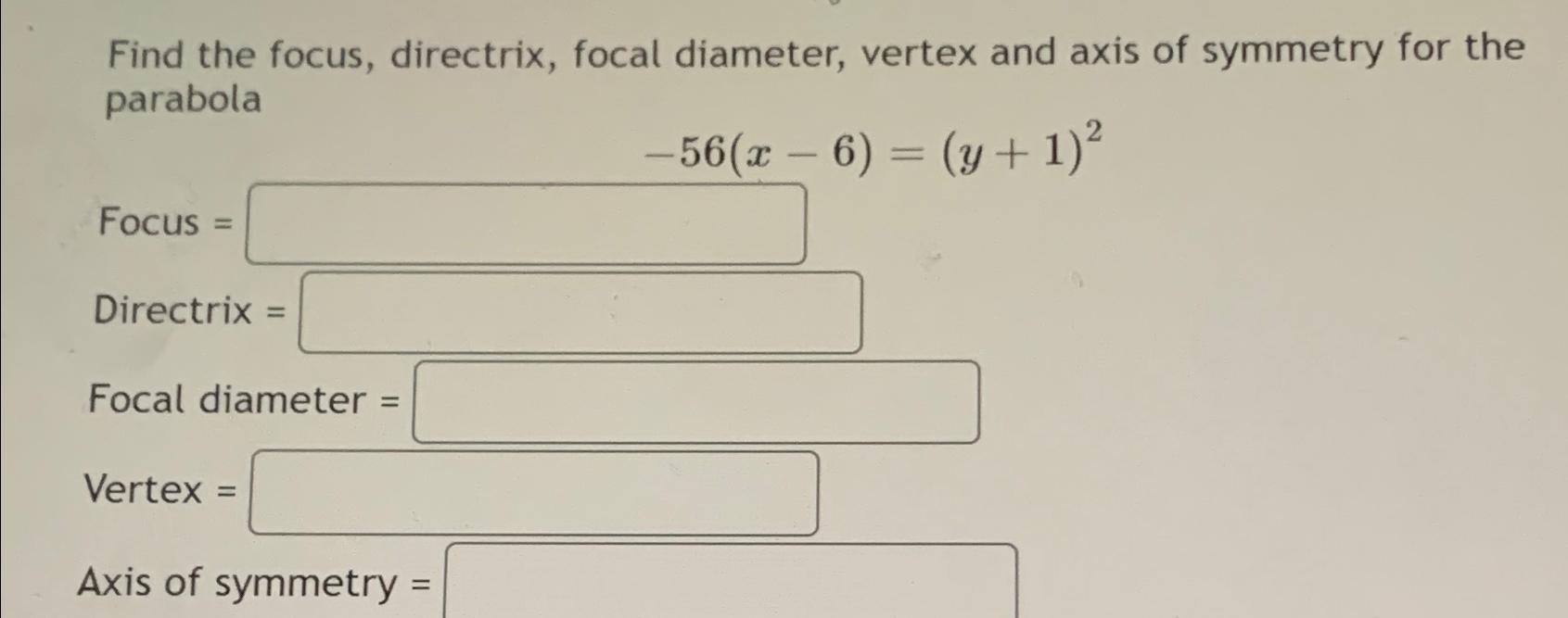 Solved Find the focus, directrix, focal diameter, vertex and | Chegg.com