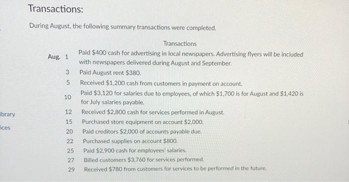 Solved Transactions: 3 5 During August, the following | Chegg.com