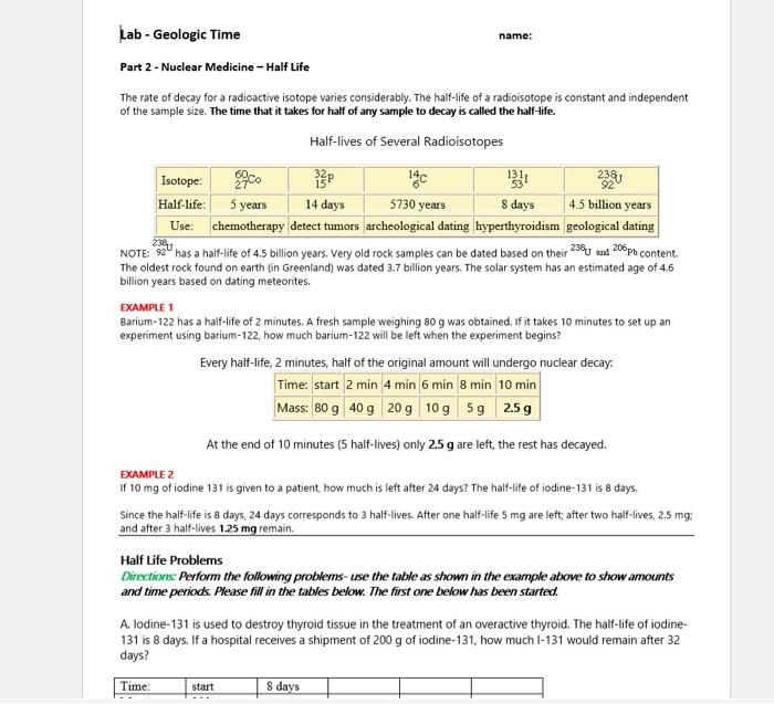 Solved name: Lab - Geologic Time Part 2 - Nuclear Medicine - | Chegg.com