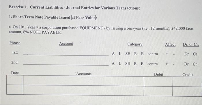 Solved Exercise 1. Current Liabilities - Journal Entries for | Chegg.com