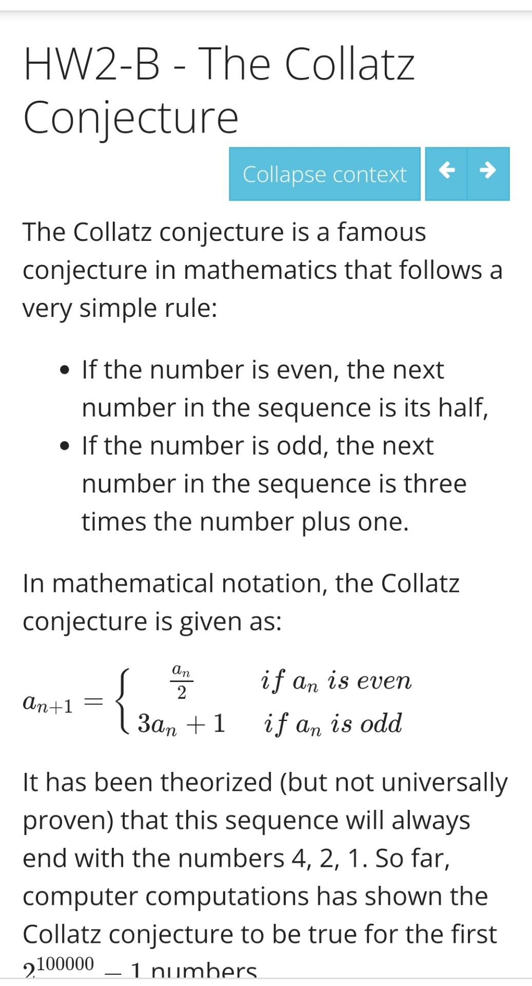 Solved HW2-B - The Collatz Conjecture Collapse context The | Chegg.com