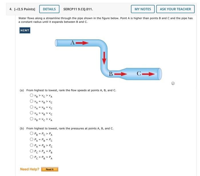 Solved Water flows along a streamline through the pipe shown | Chegg.com