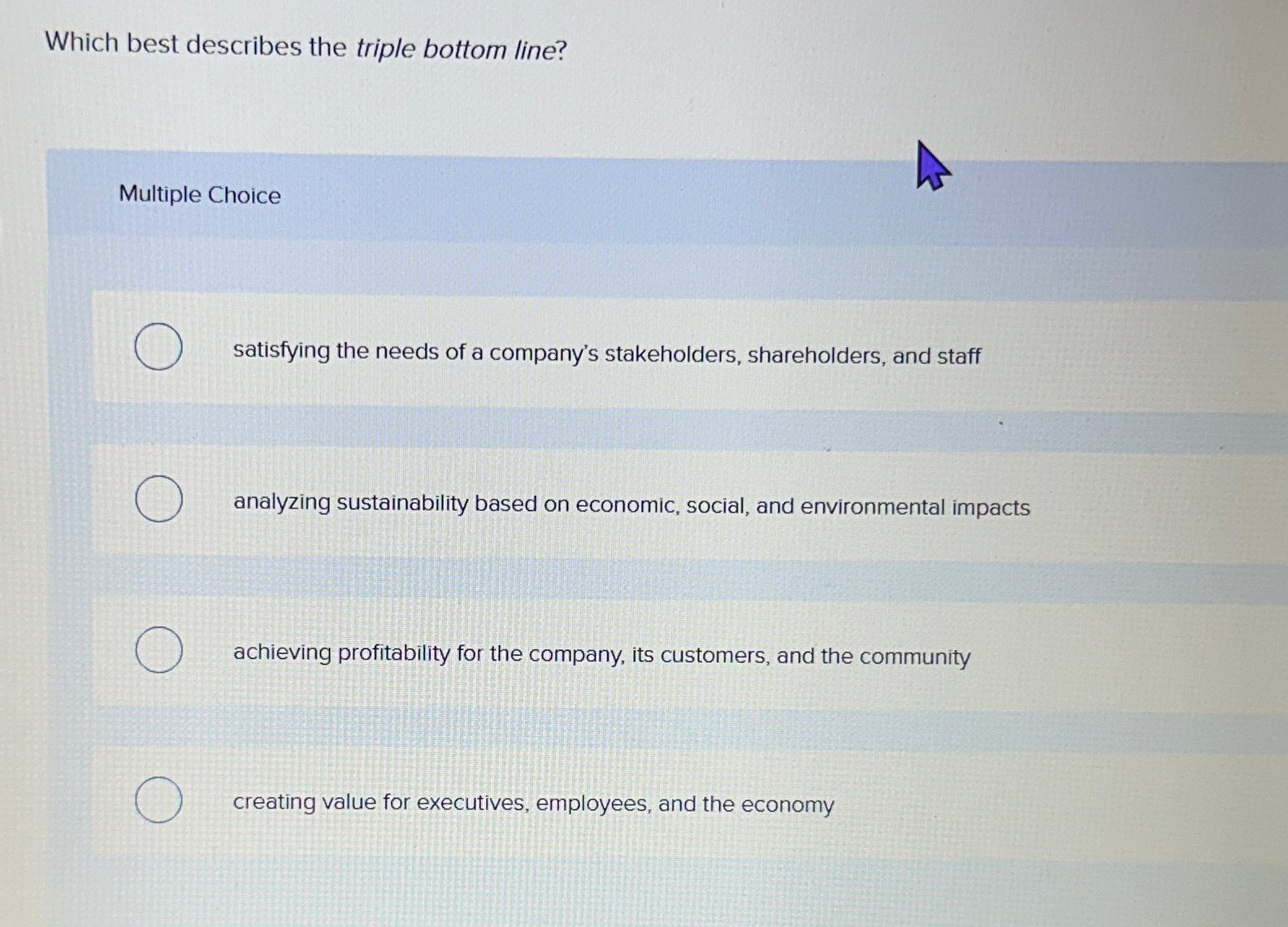 Solved Which best describes the triple bottom line?Multiple | Chegg.com