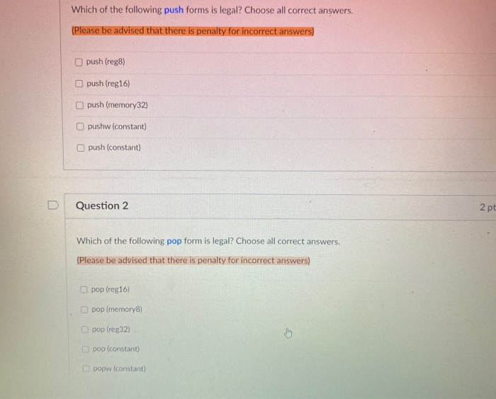 Solved Which of the following push forms is legal? Choose | Chegg.com