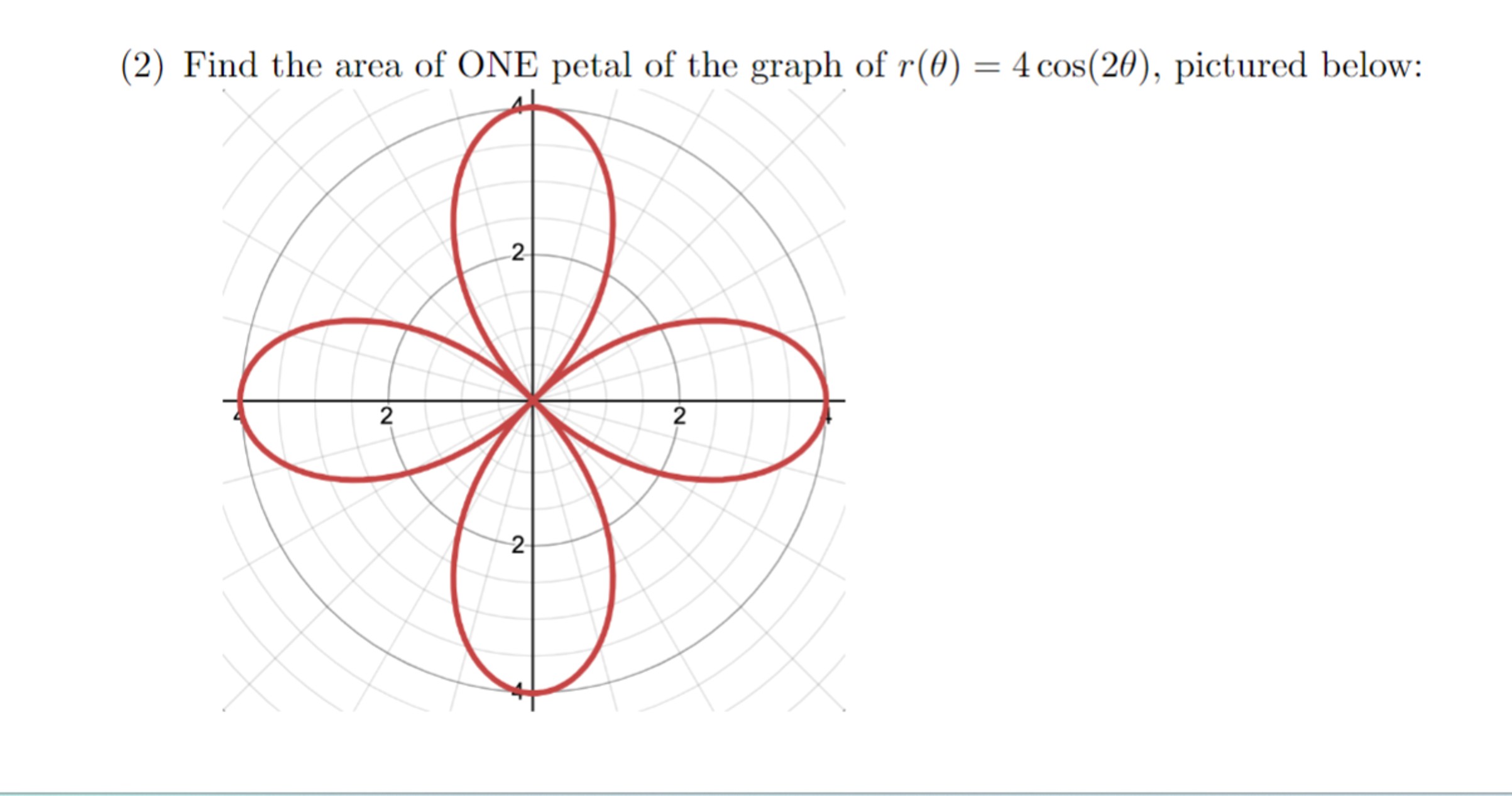 Solved (2) ﻿Find the area of ONE petal of the graph of | Chegg.com