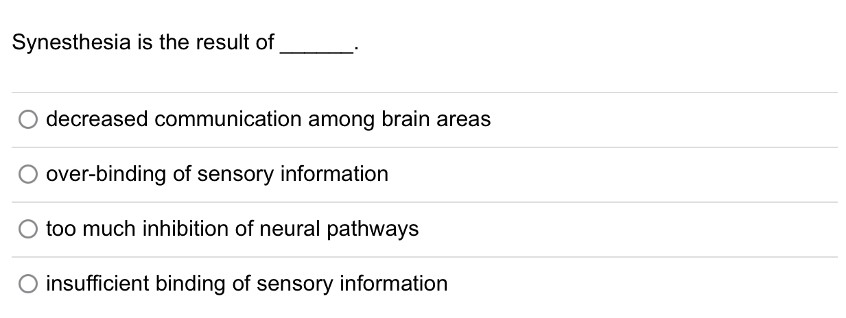 Solved Synesthesia is the result ofdecreased communication | Chegg.com