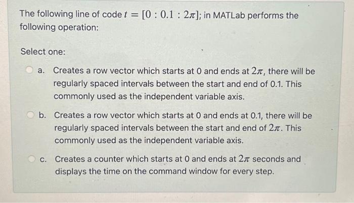 Solved The following line of code t=[0:0.1:2π]; in MATLab | Chegg.com