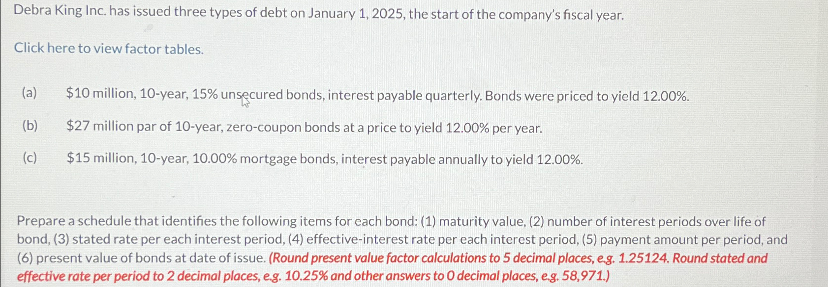 Solved Debra King Inc. has issued three types of debt on | Chegg.com