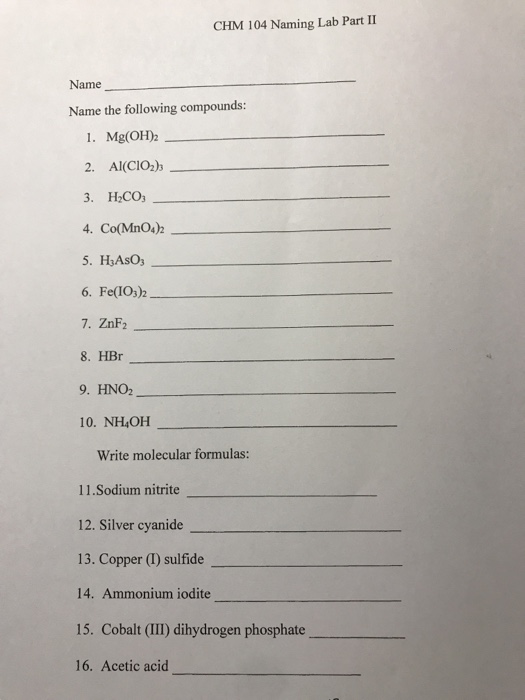Solved CHM 104 Naming Lab Part I Name Name the following | Chegg.com