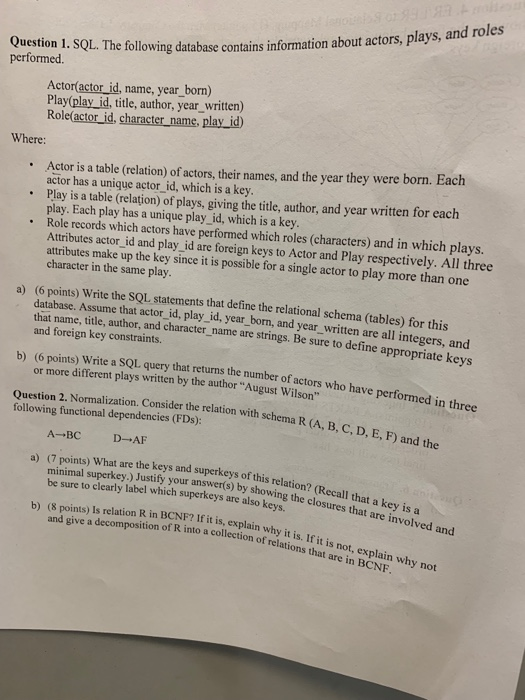 Solved Question 1. SQL. The following database contains | Chegg.com