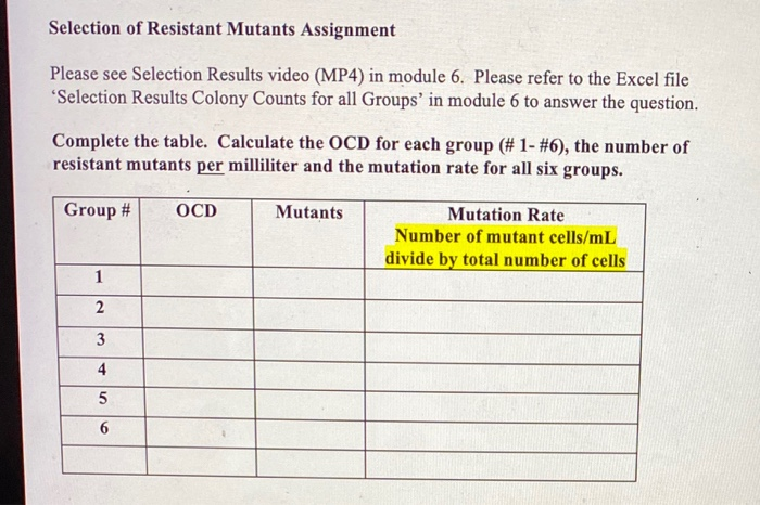 Selection of Resistant Mutants Assignment Please see | Chegg.com