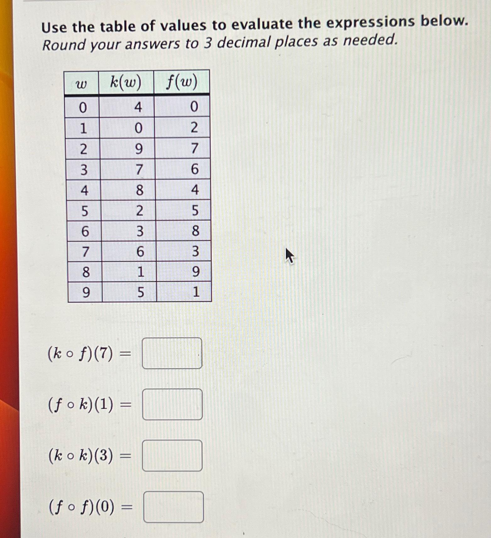 Solved Use the table of values to evaluate the expressions | Chegg.com