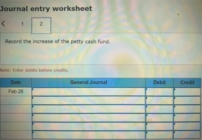 Solved Journal entry worksheet 1 2 Record the reimbursement | Chegg.com