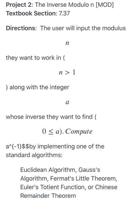 Solved Project 2: The Inverse Modulo n [MOD] Textbook | Chegg.com