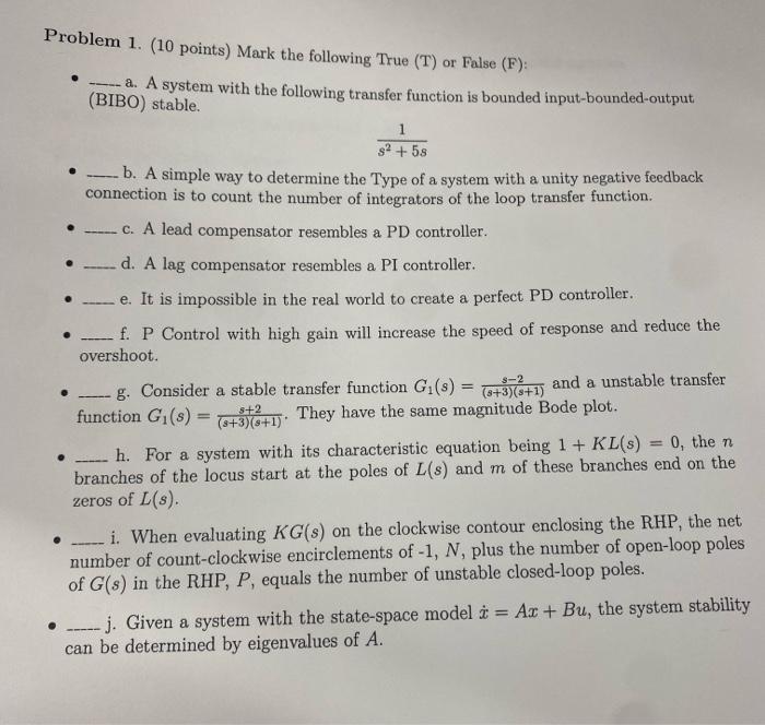Solved Problem 1. (10 points) Mark the following True (T) or | Chegg.com