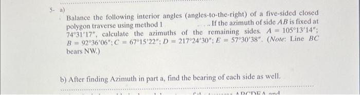 a) Balance the following interior angles | Chegg.com