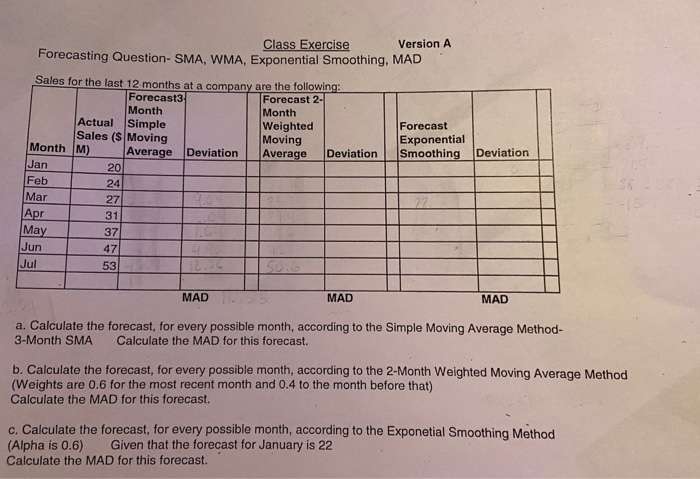 Solved Class Exercise Version A Forecasting Question-SMA, | Chegg.com