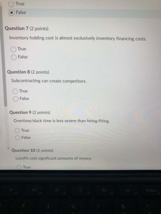 Solved True False Question 7 (2 points) Inventory holding | Chegg.com
