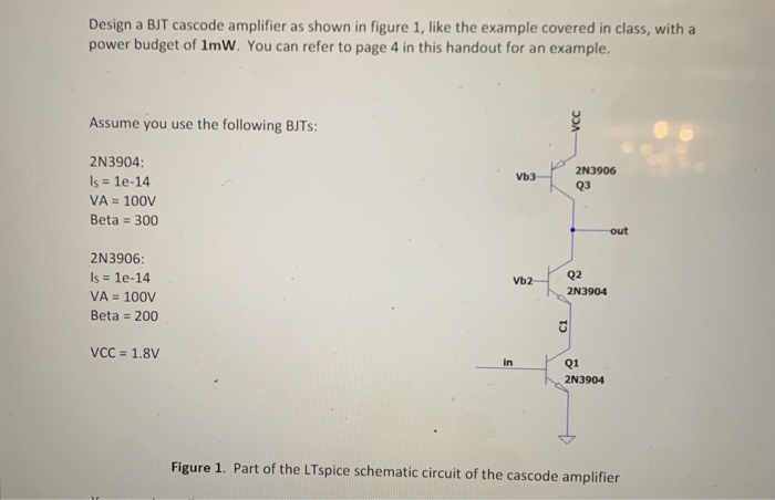 Design a BJT cascode amplifier as shown in figure 1, | Chegg.com