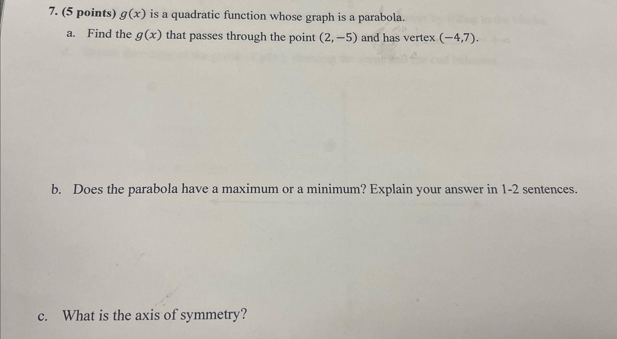Solved (5 ﻿points) g(x) ﻿is a quadratic function whose graph | Chegg.com