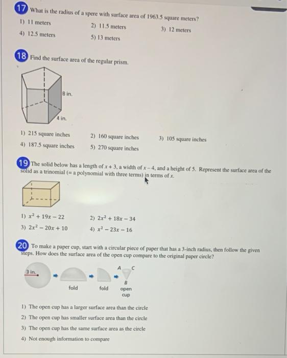 Solved 17 What is the radius of a spere with surface area of | Chegg.com