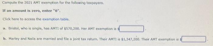 Solved Compute the 2021 AMT exemption for the following | Chegg.com