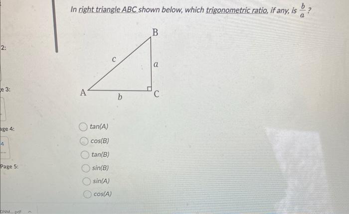Solved In right triangle ABC shown below, which | Chegg.com